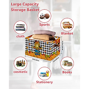 Thanksgiving Scarecrow Storage Bins 1 Pack, Large Waterproof Storage Baskets for Shelves Closet, Fall Pumpkin Maple Leaves Black White Plaid Storage Basket Foldable Storage Box Cube Storage Organizer