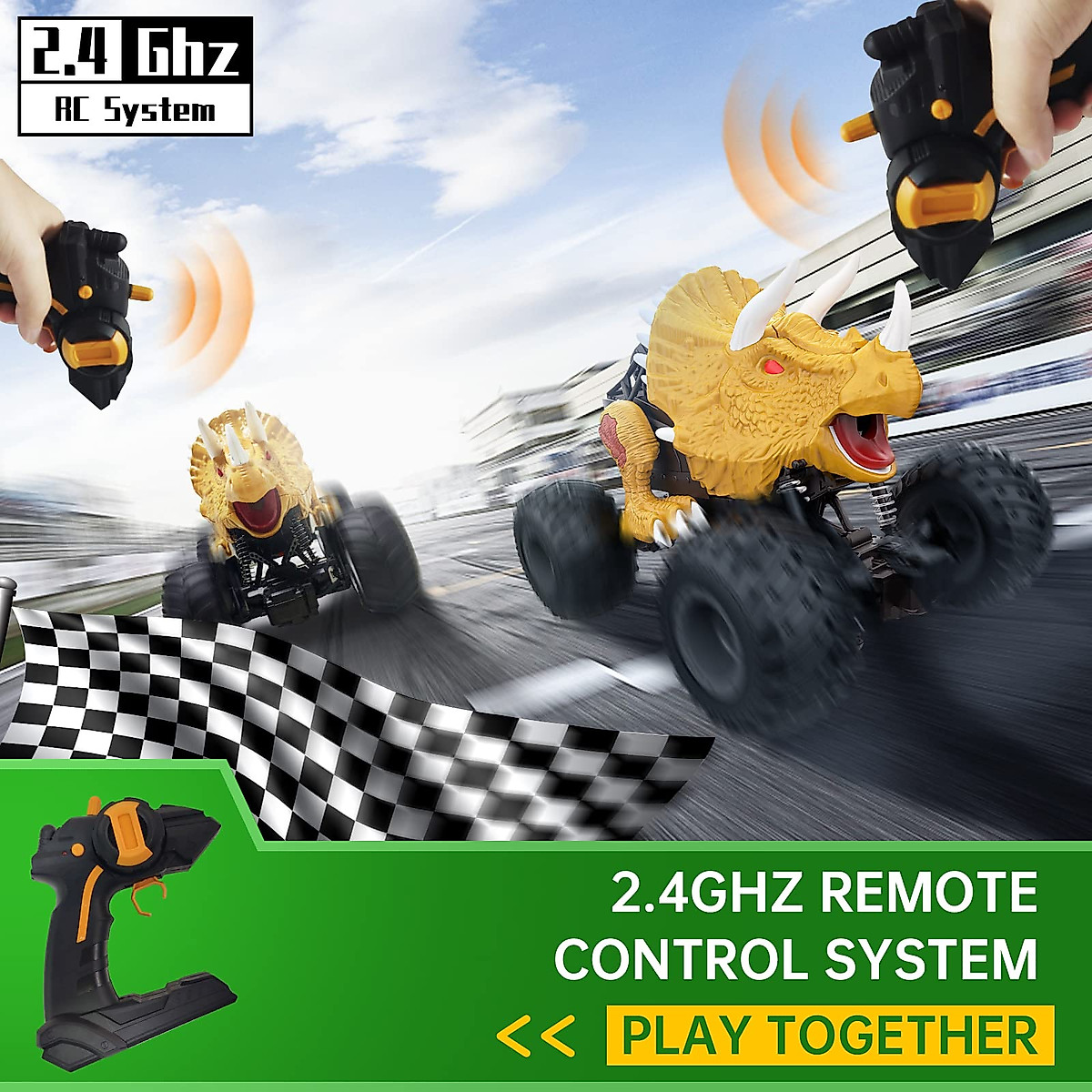 Pamopamo RC Monster RC Cars 1:18 Triceratops Dinosaur Racing Car Remote Control Car with Music,Led Lights,Spray Mist,Roaring Sound,4WD 2.4 GHz RC Monster Truck for Boys Girls Christmas