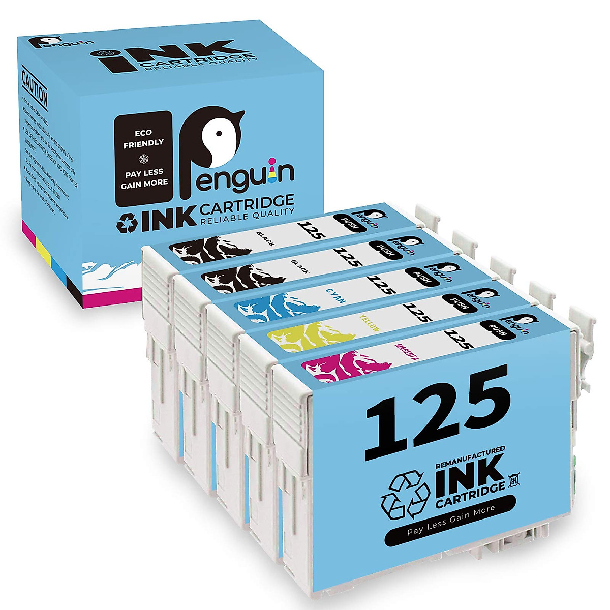 Penguin Remanufactured Ink Cartridge Replacement for Epson 125 T125 Used for Stylus NX125 127 130 230 420 530 625 Workforce 320 323 325 Printer 5 Pack (2 Black 1 Cyan 1 Magenta 1 Yellow) Combo Pack