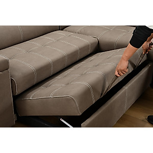 THSUPER 100" Microfiber L Shape Sleeper Sectional Sofa with Pullout Bed. 5-Seats Sectional Couch with Storage Ottoman and Cup Holder. Adjustable Headrest with Sectional Sleeper Couch. Brown