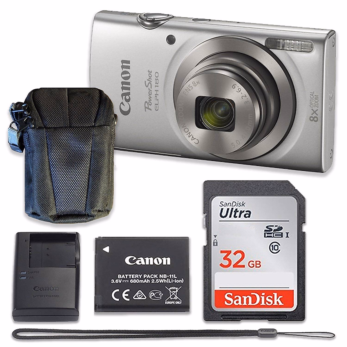 Canon PowerShot ELPH 180 Digital Camera (Silver) with 32GB Memory + Case (Renewed)