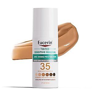 Eucerin Sun Tinted Mineral Face Sunscreen Lotion SPF 35, Non-Comedogenic Mineral Sunscreen with Gentle Zinc Oxide Protection for Sensitive Skin, 1.7 Fl Oz Bottle