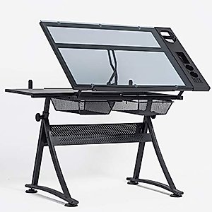 EESHHA Drawing Table Drafting Table with Storage, Height Adjustable Tiltable Art Desk, Glass Panel Drawing Desk, for Work Study Painting Craft Table