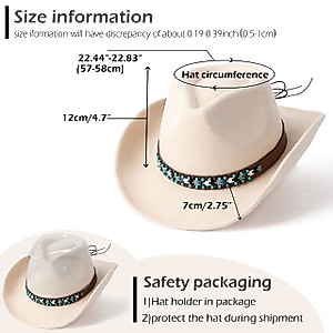 Gossifan Western Cowboy & Cowgirl Hat Felt Wide Brim Women Men Fedora Hats-B Belt Beige