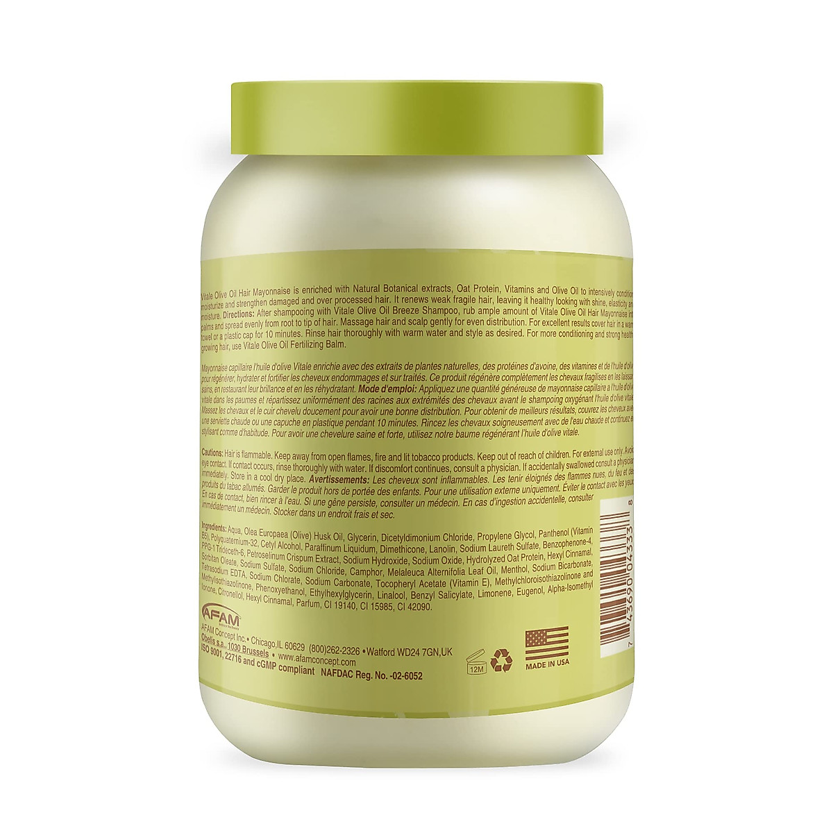 Vitale Olive Oil Hair Mayonnaise 30oz with Oat & Egg Protein and Vitamins - Good on Color & Thermal Treated Hair - for Dry & Damaged Scalp Men, Women & Kids -Moisturize and Condition