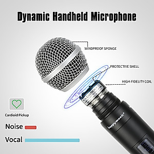 happymusic Professional UHF 2 Channel Wireless Microphone System, Cordless Handheld Mic Set, 150ft Range Perfect for DJ, Church, Wedding, Event, Gigs, Singing, Home Karaoke, Black (UK-38)