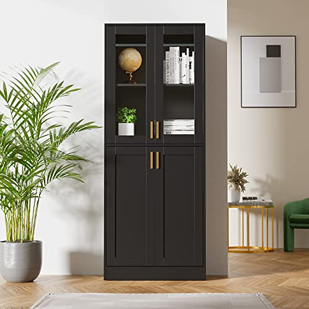 Cozy Castle 70" Tall Display Cabinet, Pantry Cabinet with Acrylic Glass Doors and Adjustable Shelves, China Cabinet, Office Storage Cabinet, Bookcase, Black