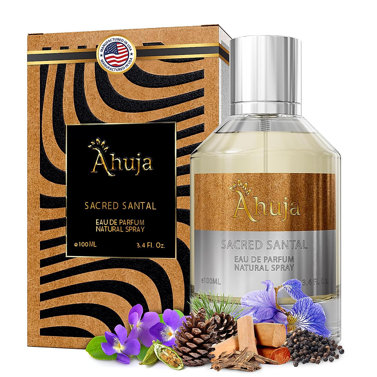 AHUJA Sacred Santal Eau de Parfum 3.4 fl oz -Unisex Perfume,Sandalwood,Violet Leaves and Cardamom,Earthy Woody Scent w/Spicy Notes,Best Alternative for Santal 33