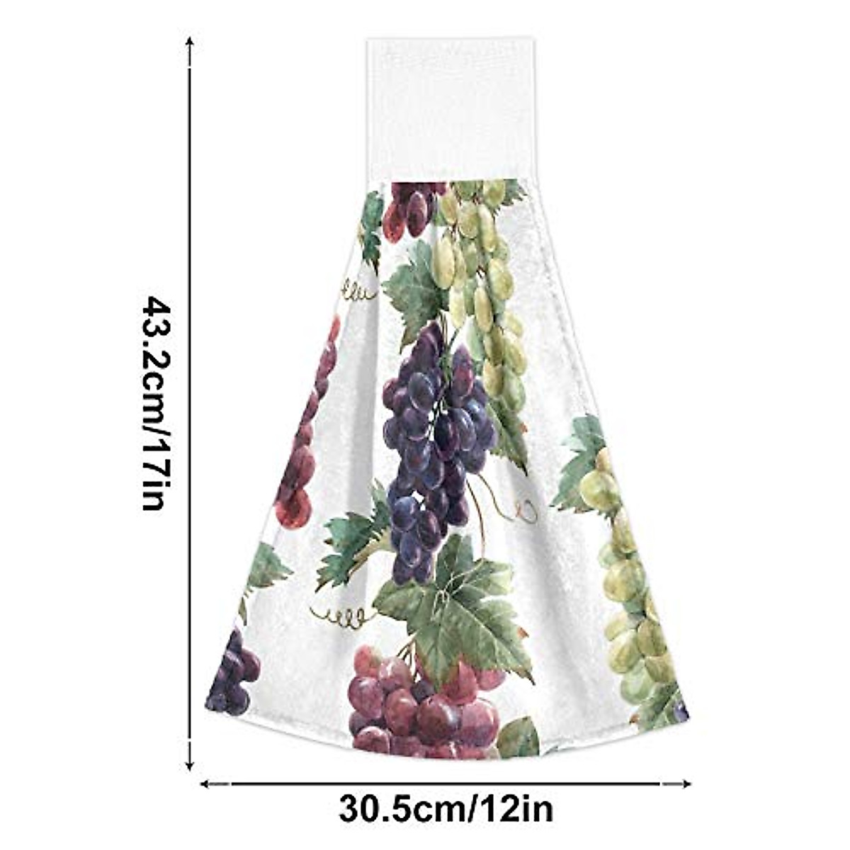 Red White Black Grapes with Green Leaves On White 2 Pcs Hanging Kitchen Hand Towels, Hanging Tie Towels with Hook & Loop Dishcloths Sets, Decorative Absorbent Tea Bar Bath Hand Towel