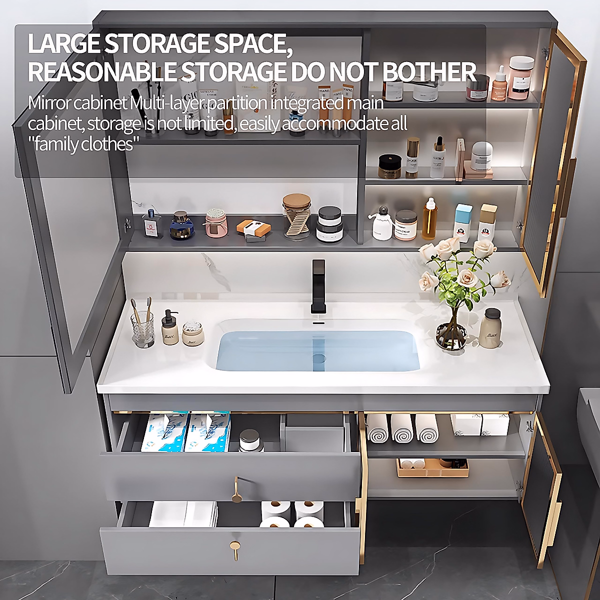 ZGNBSD Floating Bathroom Vanity with Sink - Modern Bathroom Vanity Contains Smart LED Defog Mirror | Solid Wood Freestanding Bathroom Vanity (White, 44'')