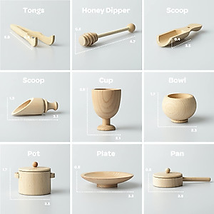 Blue Ginkgo Sensory Bin Tools – Montessori Fine Motor Skills Learning Set for Toddlers and Kids Pretend Play [9 PC] Kitchen Wooden Set with Scoops, Bamboo Tongs