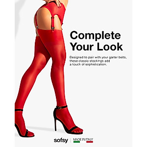 sofsy Italian-Made Sheer Red Stockings for Women | 15 Den Thigh Highs for Garter Belts & Boudoir Lingerie | Ultra Sheer & Soft - Medium