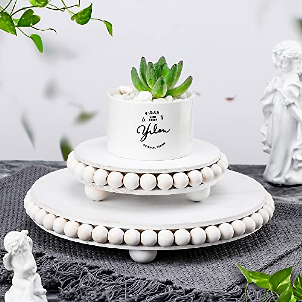 Yookeer 2 Pcs Wooden Risers for Displays Round Wood Riser Distressed Wood Risers Farmhouse Pedestal Display Stand Rustic Pedestal Stand Beaded Decor for Tiered Trays Home(6/ 9.5 Inch,White)