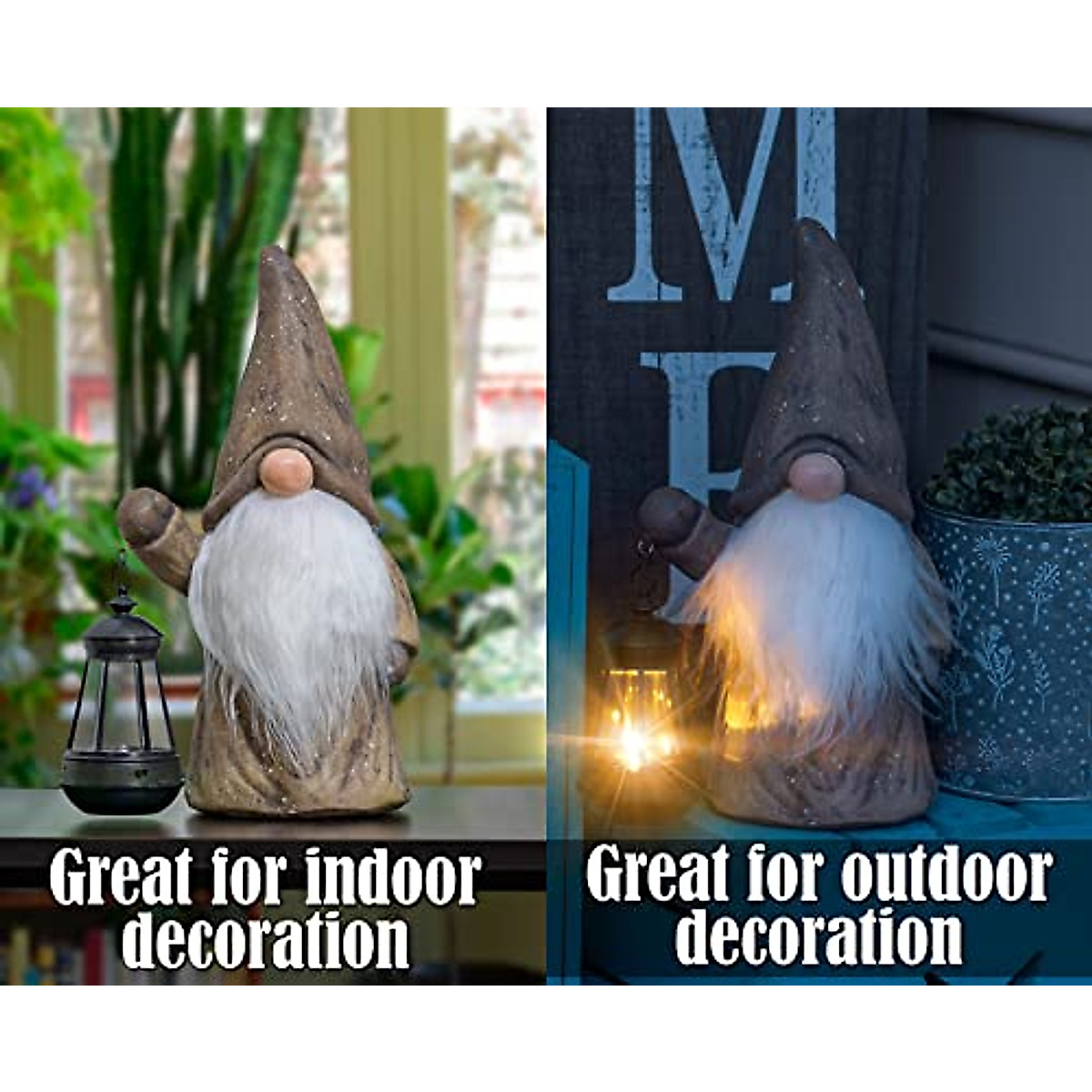 Garden Gnome Decorations with Solar Lights, Funny Resin Gnome Garden Figurines-Outdoor Lawn Decor Flocked for Patio, Balcony, Yard, Ornament Unique Christmas Housewarming Gift, 13 inch (Brown)