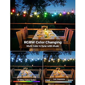 XMCOSY+ Patio Lights, 49Ft Smart Outdoor String Lights RGBW, 15 LED Bulbs, APP & WiFi Control, Compatible with Alexa, IP65 Waterproof String Lights for Outside, Color Changing Outdoor Patio Lights