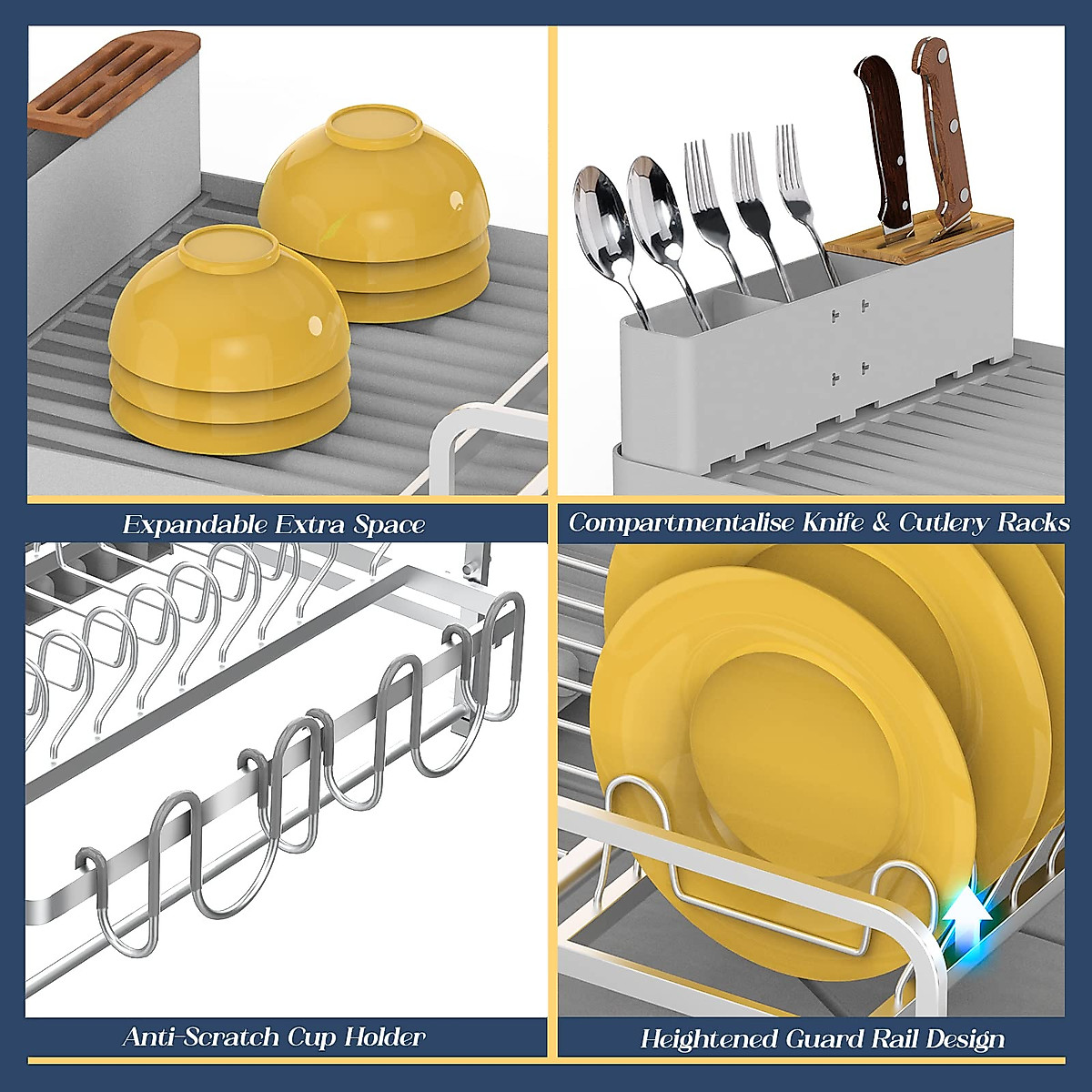 ACMETOP Dish Drying Rack 19" to 27" Expandable Large Capacity Dish Rack Heavy Duty Dish Drainer with Removable Cutlery Rack Cup Holder Aluminium Dish Racks for Kitchen Counter