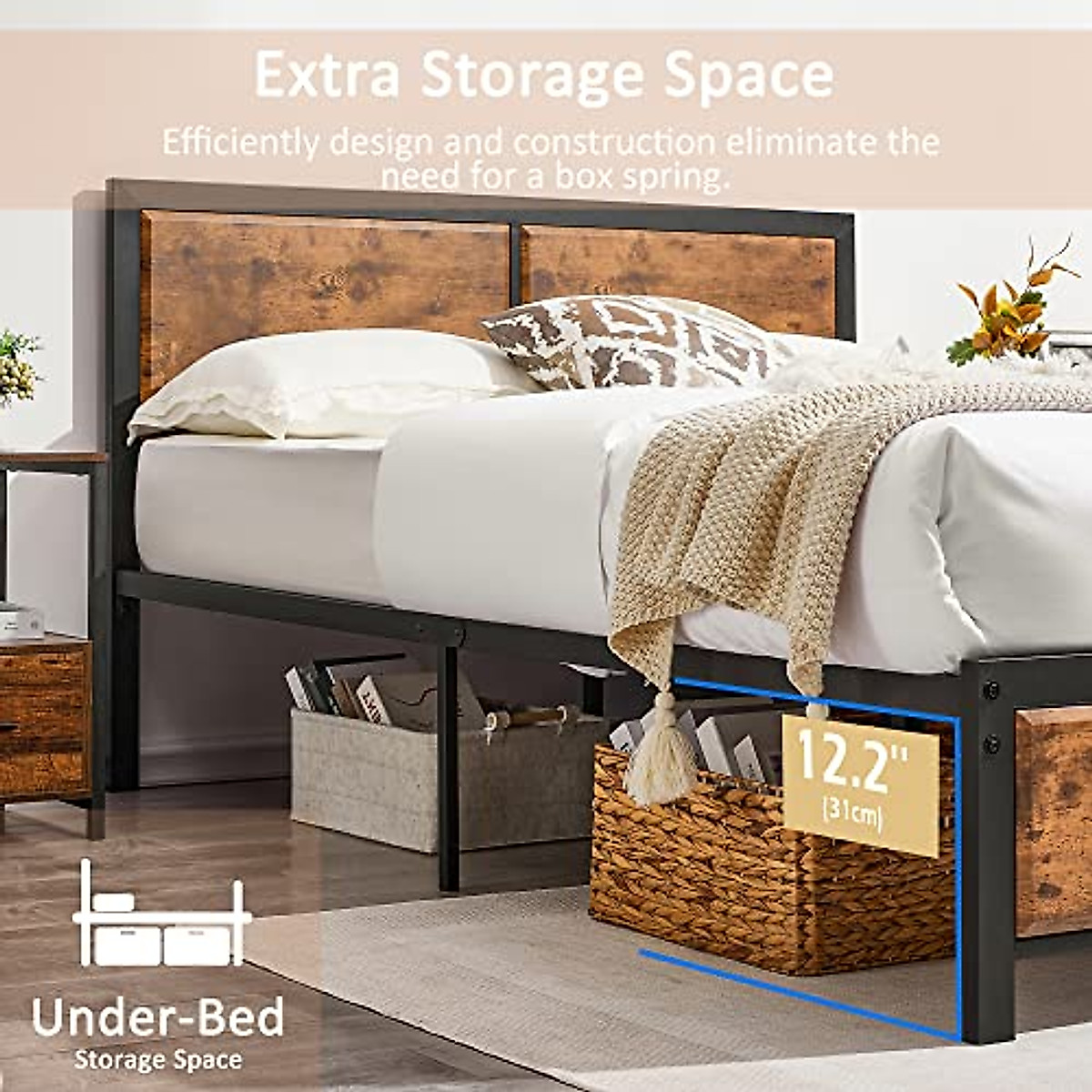 VECELO Full Platform Bed Frame with Rustic Vintage Wood Headboard, Mattress Foundation, Strong Metal Slats Support, No Box Spring Needed