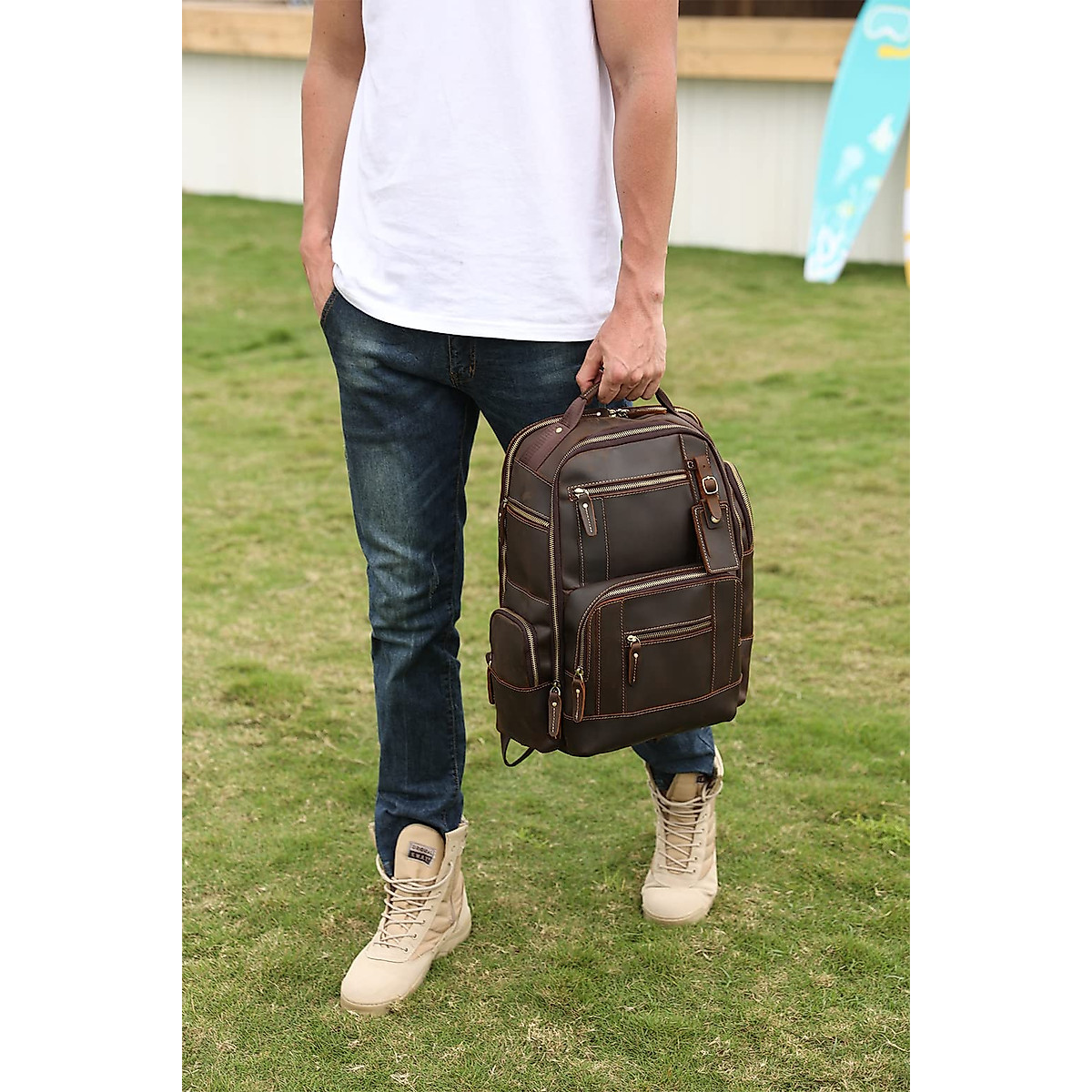 LANNSYNE Men's Vintage Full Grain Leather 15.6 Inch Laptop Backpack Camping Travel 24L Rucksack