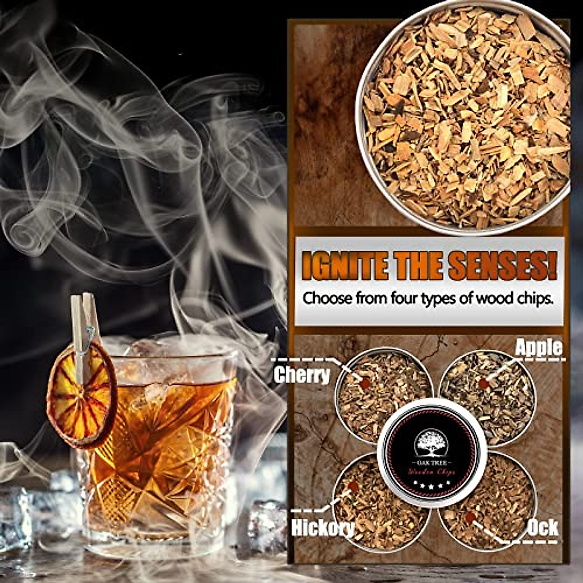 Cocktail Smoker Kit- Old Fashioned Smoker with Oak, Cherry, Apple and Pecan Wood Chips, Drink Smoker Infuser for Bourbon Whiskey Cocktail (walnut)