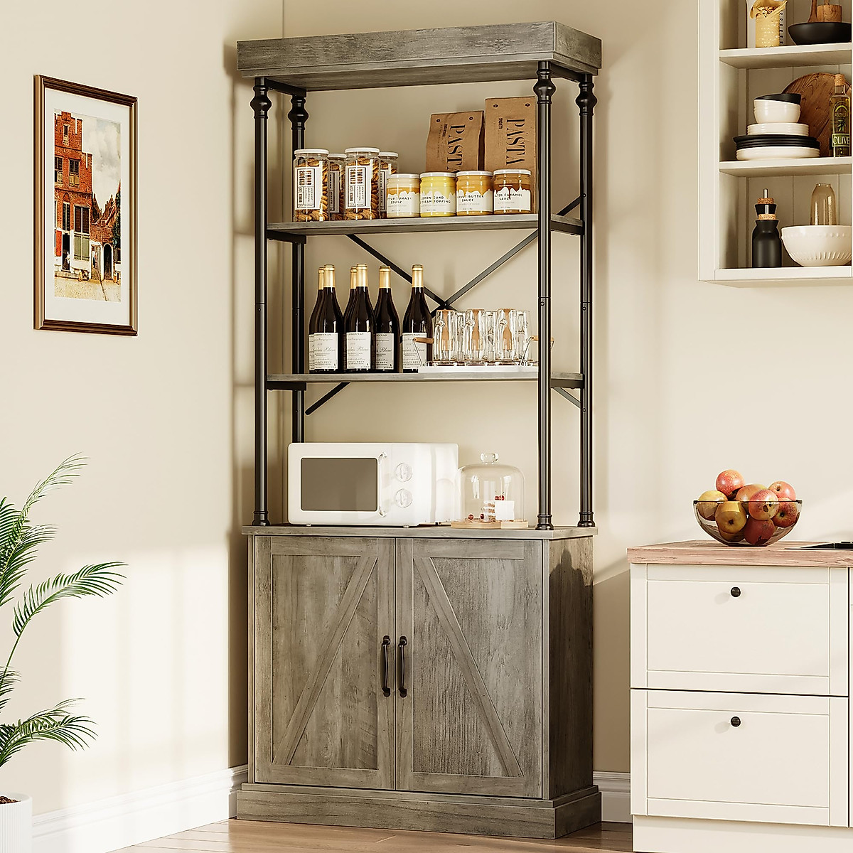 IDEALHOUSE Tall Bookshelf with Doors 73.62in Industrial Storage Open Rack Shelf with Cabinet Wood and Metal Bookcase Farmhouse Bookshelves Large Vintage Display Rack Home Office