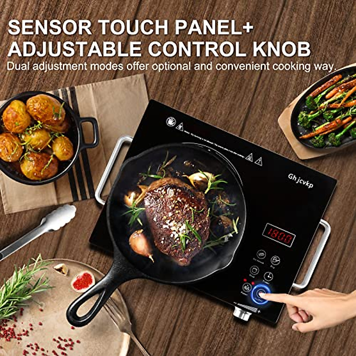 Ghjcvkp Portable Ceramic Cooktop, 1800W Electric Single Hot Plate for Cooking with 18 Power Levels, Infrared Countertop Burner with Sensor Touch, 4-hour Timer, Adjustable Knob