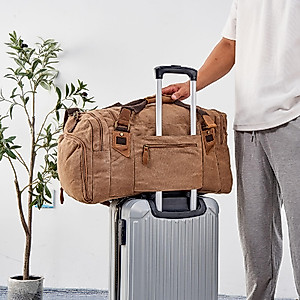 AGDHERSNVX Canvas Duffle Bag with Shoes Compartment Overnight Travel Duffel with Genuine Leather Parts Weekender Lightweight Waterproof Bags for Women Men Khaki