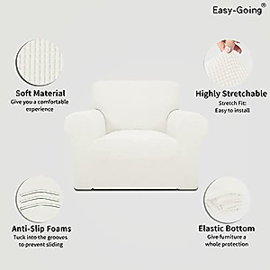 Easy-Going Stretch Chair Sofa Slipcover 1-Piece Couch Sofa Cover Furniture Protector Soft with Elastic Bottom for Kids, Pet. Spandex Jacquard Fabric Small Checks (Chair, Cream)