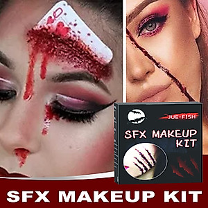 Halloween SFX Makeup Kit Scars Wax, 2.1Oz Fake Blood Spray, 1.67Oz Fake Wound Modeling Skin Wax with Spatula, Black Stipple Sponge, 1.06Oz Scab Coagulated Blood Gel, 5ml Fake Blood Cream