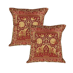 Set of 2 Home Decorative Square Pillowcase Bohemian Throw Pillow Cushion Cover Banaras Brocade Silk Woven Ethnic Traditional Royal Motifs Handcrafted for Gift Pillowcase (Maroon)