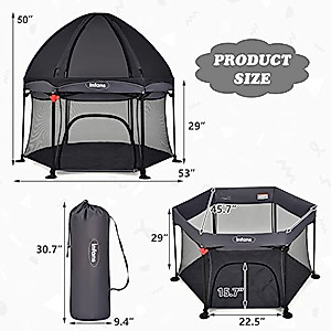 INFANS Baby Playpen with Removable Mesh & UV Canopy, 53" Portable Playhouse with Carry Bag, Dome, Padded Floor, Easy Folding Playard Activity Center (Dark Grey)