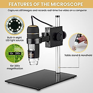 Amscope UTP200X003MP Digital 2MP USB Microscope, 10X-200X Magnification, Built-In Eight LED Light Source, Table Stand, Includes Software CD, Black