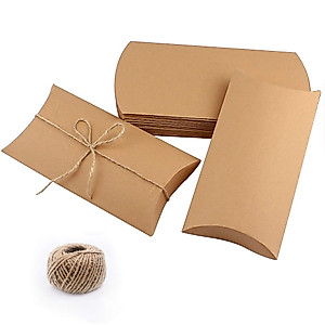 CEWOR Kraft Pillow Box 50pcs, 6.3×3.7 Inches Gift Boxes with 100 Feet Jute Twines, Paper Gift Box for Jewelry, Candy Gift Packaging, Wedding Present and Birthday Party Favor