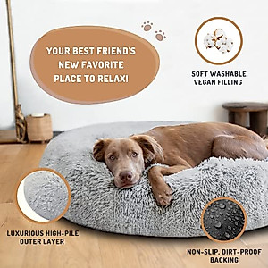 BLUSH PAWS Extra Calming Cozy Round Donut Pet Bed - Anti Anxiety for Cats & Dogs. Orthopedic, Self-Warming Shag or Lux Fur with Nonslip Bottom, Soft, Machine Washable (Medium 32", Frost)