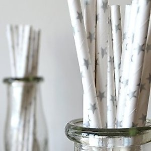 Paper Straws with Silver Stars - Holidays, Weddings, Showers - 100 pcs.