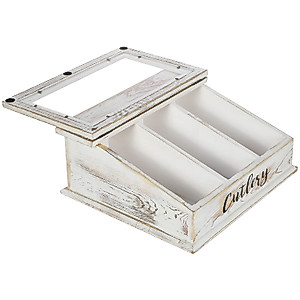 MyGift 3-Compartment Whitewashed Solid Wood Cutlery Tray Box Organizer with Clear Acrylic Hinged Lid & Black Cursive"CUTLERY" Label, Dining Utensil Holder