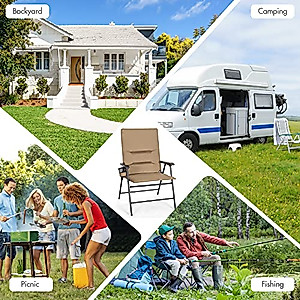 Giantex 2 Pack Folding Patio Chairs, Outdoor Lawn Chairs with Cup Holder, Soft Padded Seat Backrest, 330LBS Camping Chairs, Metal Frame, Sling Chairs for Garden Yard Picnic, Tan