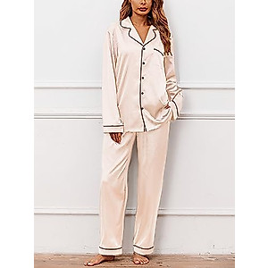 IFFEI 2 Pieces Silk Satin Womens Pajamas Set Button-Down Long Sleeve Girls Pajamas M Champagne