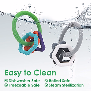 Teething Ring Toys for Babies 6+ Months, Btrfe Baby Soft Silicone Teether with Multiple Raised Textures, Teething Relief, Soothing Gums, Colorful Ring Geometry