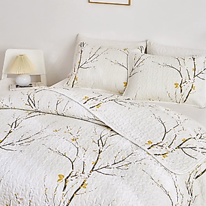 Quilt Set King Size Cream White with Black Branch Bedding Set 88x88 Soft Microfiber Lightweight Coverlet Bedspread Summer 3 Pc Bed Cover for (1 Quilt+ 2 Shams)