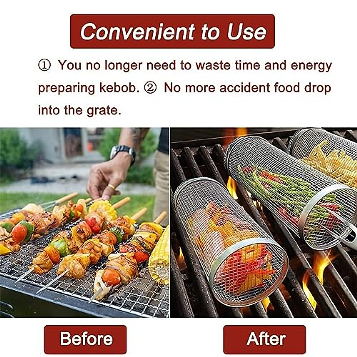 Rolling Grilling Basket-Grill Basket 2 PCS-BBQ Grill Basket, Stainless Steel Grill Mesh Barbeque Grill Accessories, Portable Grill Baskets for Outdoor Grill for Fish, Shrimp, Meat, Vegetables, Fries (3.54 x 3.54 x 11.8 inch)