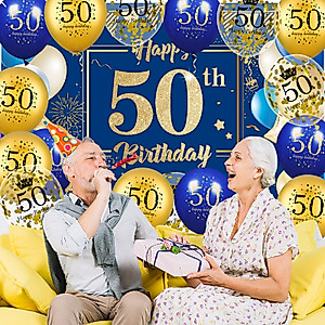 105Pcs Blue Gold 50th Birthday Decorations for Men Includes Navy Blue Happy 50th Birthday Banner 50th Birthday Balloons Gold Foil Fringe Curtains Tableware Set for 50th Birthday Party Supplies