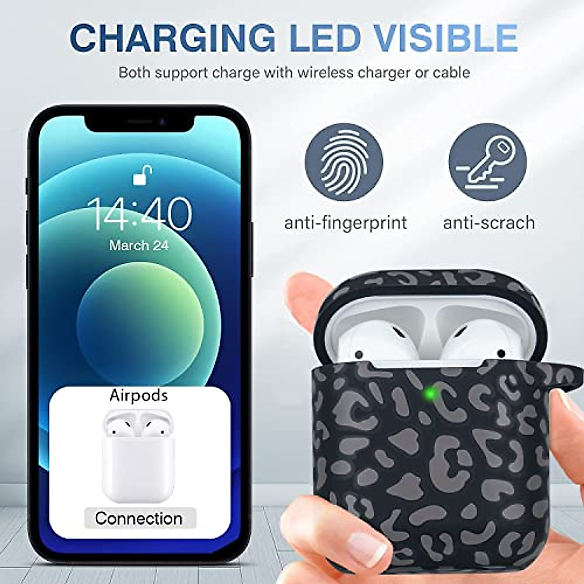 Leopard Silicone Airpods Case, Gawnock Soft Case Cover Flexible for Airpods 2nd/1st Generation Floral Print Cover for Women Girls with Keychain - Gray Leopard Cheetah