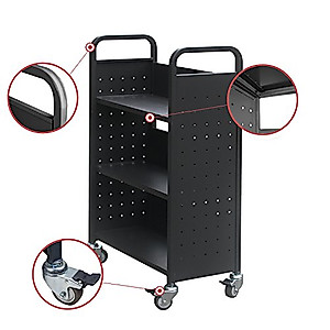 Heavy Duty Book Carts with 3 Single-Sided Book Shelves, Rolling Book Storage Rack with Lockable Wheels 200lbs Capacity (Black)