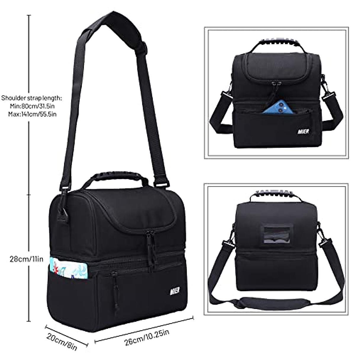 MIER Adult Lunch Box Insulated Lunch Bag Large Cooler Tote Bag for Men, Women, Double Deck Cooler(Black Large)