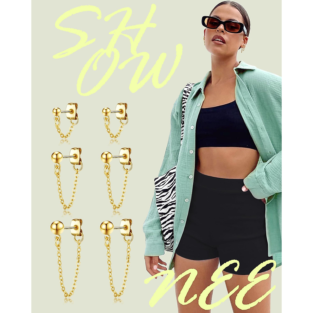 Shownee Gold Ball Studs Earrings for Women - Small Ball Stud 14K Gold Plated Hypoallergenic Chain Link Drop Dangle Earrings Set Jewelry Gifts