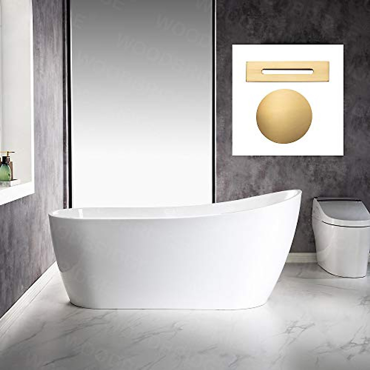 WOODBRIDGE 67"Freestanding White Acylic Soaking Bathtub with White Pillow,Drain and Overflow in Brushed Gold,BTA1508 -BG-Drain &O+ Pillow