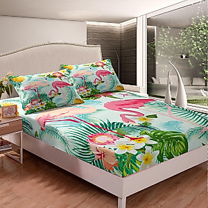 Tropical Flamingo Bedding Set Full Size, Pink Flamingo Fitted Sheet Palm Tree Print Bedding Set Botanical Bed Cover with 2 Pillow Case (No Flat Sheet)