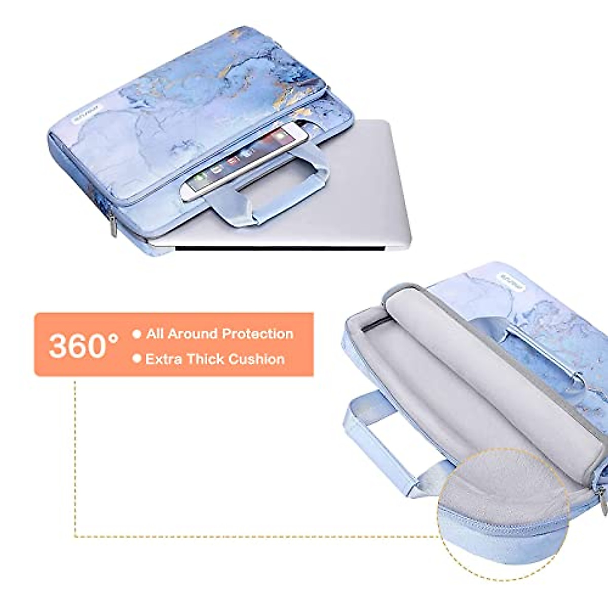MOSISO 360 Protective Laptop Shoulder Bag Compatible with MacBook Air/Pro,13-13.3 inch Notebook,Compatible with MacBook Pro 14 2023-2021 A2779 M2 A2442 M1, Watercolor Marble Sleeve with Belt, Blue