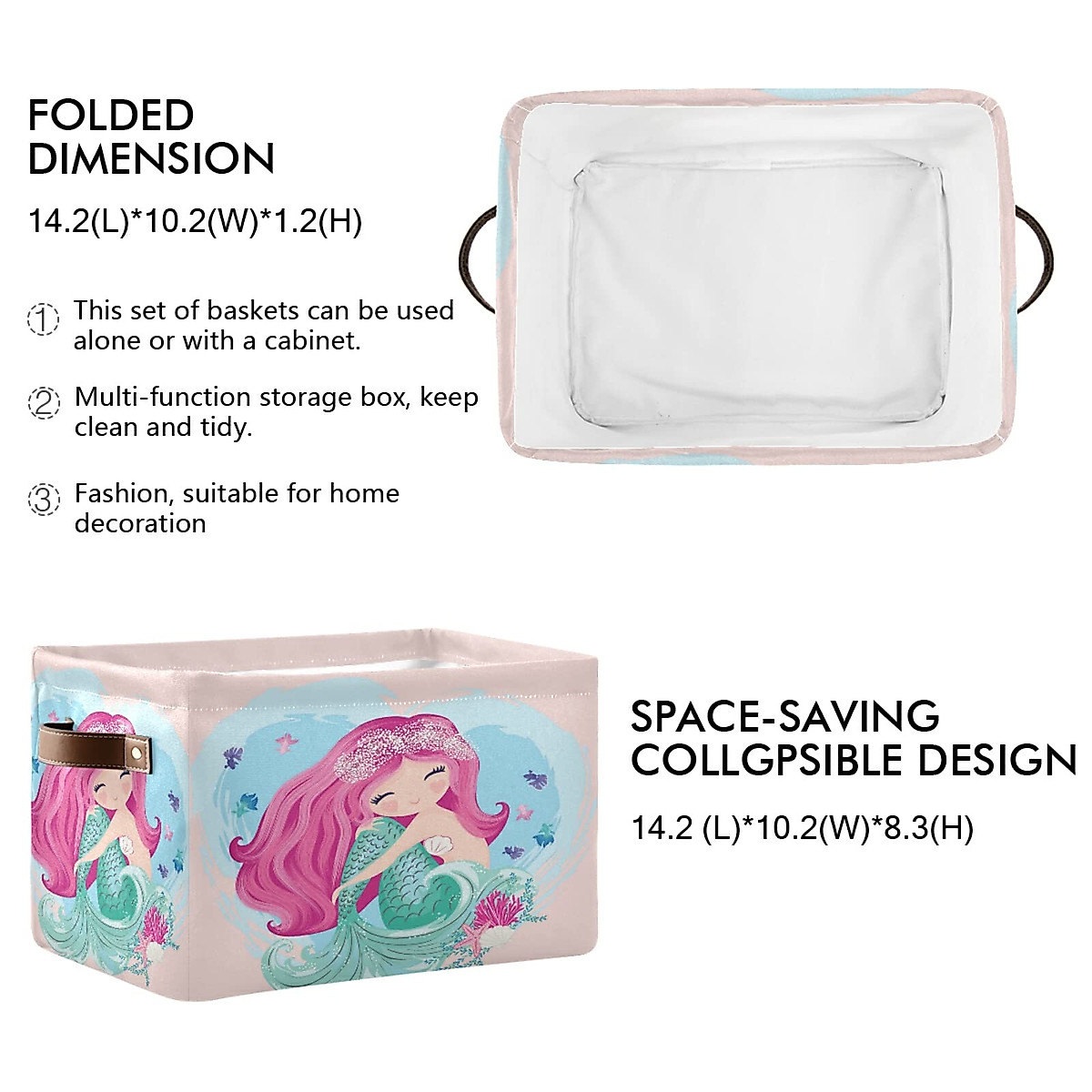 FZDXZJJ Cute Ocean Mermaid Storage Basket Bins, Sea Fish Starfish Decorative Baskets Storage Box Collapsible Storage Cubes Organizer with Handles for Nursery Shelf Closet Office Home Bedroom, 2 Pack