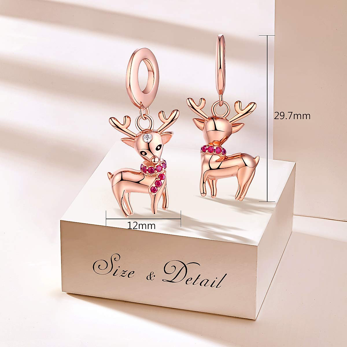 Reindeer Dangle Charm fit for Pandora Charms Bracelets 925 Sterling Silver with Cubic Zirconia Rose Gold Plated Christmas Gift Jewelry for Women and